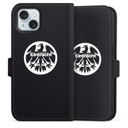 DeinDesign iPhone 15 Handy Klapph&uuml;lle Handyh&uuml;lle aus Kunst Leder schwarz Flip Case Logo Eintracht Frankfurt Eagle Sideflip mit Lasche