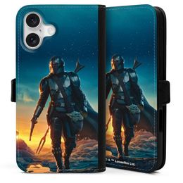 DeinDesign iPhone 16 Plus Handy Klapph&uuml;lle Handyh&uuml;lle aus Kunst Leder schwarz Flip Case Star Wars The Mandalorian Sunset Sideflip mit Lasche