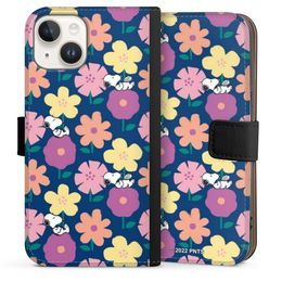 DeinDesign iPhone 14 Handy Klapph&uuml;lle Handyh&uuml;lle aus Kunst Leder schwarz Flip Case Muster Snoopy Flowers Sideflip mit Lasche