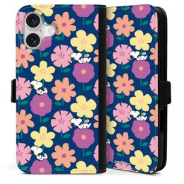 DeinDesign iPhone 16 Plus Handy Klapph&uuml;lle Handyh&uuml;lle aus Kunst Leder schwarz Flip Case Muster Snoopy Flowers Sideflip mit Lasche
