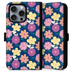 DeinDesign iPhone 16 Pro Max Handy Klapph&uuml;lle Handyh&uuml;lle aus Kunst Leder schwarz Flip Case Muster Snoopy Flowers Sideflip mit Lasche