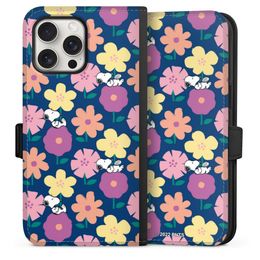 DeinDesign iPhone 15 Pro Max Handy Klapph&uuml;lle Handyh&uuml;lle aus Kunst Leder schwarz Flip Case Muster Snoopy Flowers Sideflip mit Lasche