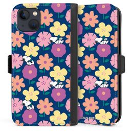 DeinDesign iPhone 13 Handy Klapph&uuml;lle Handyh&uuml;lle aus Kunst Leder schwarz Flip Case Muster Snoopy Flowers Sideflip mit Lasche