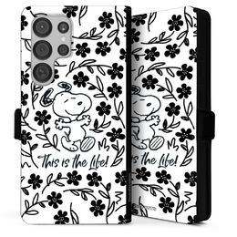 DeinDesign Galaxy S25 Ultra Handy Klapph&uuml;lle Handyh&uuml;lle aus Kunst Leder schwarz Flip Case Peanuts Flowers Snoopy Sideflip mit Lasche