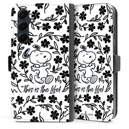 DeinDesign Galaxy A35 5G Handy Klapph&uuml;lle Handyh&uuml;lle aus Kunst Leder schwarz Flip Case Peanuts Flowers Snoopy Sideflip mit Lasche