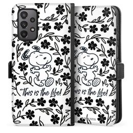DeinDesign Galaxy A23 5G Handy Klapph&uuml;lle Handyh&uuml;lle aus Kunst Leder schwarz Flip Case Peanuts Flowers Snoopy Sideflip mit Lasche