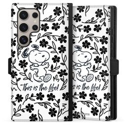 DeinDesign Galaxy S24 Ultra Handy Klapph&uuml;lle Handyh&uuml;lle aus Kunst Leder schwarz Flip Case Peanuts Flowers Snoopy Sideflip mit Lasche