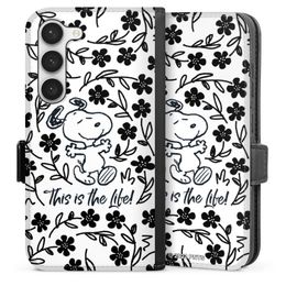 DeinDesign Galaxy S23 Handy Klapph&uuml;lle Handyh&uuml;lle aus Kunst Leder schwarz Flip Case Peanuts Flowers Snoopy Sideflip mit Lasche