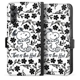 DeinDesign Galaxy A14 5G Handy Klapph&uuml;lle Handyh&uuml;lle aus Kunst Leder schwarz Flip Case Peanuts Flowers Snoopy Sideflip mit Lasche