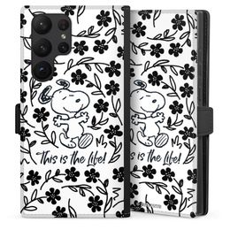 DeinDesign Galaxy S23 Ultra Handy Klapph&uuml;lle Handyh&uuml;lle aus Kunst Leder schwarz Flip Case Peanuts Flowers Snoopy Sideflip mit Lasche
