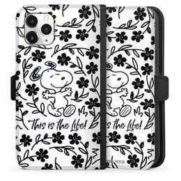 DeinDesign iPhone 11 Pro Handy Klapph&uuml;lle Handyh&uuml;lle aus Kunst Leder schwarz Flip Case Peanuts Flowers Snoopy Sideflip mit Lasche