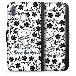 DeinDesign Galaxy A40 Handy Klapph&uuml;lle Handyh&uuml;lle aus Kunst Leder schwarz Flip Case Peanuts Flowers Snoopy Sideflip mit Lasche