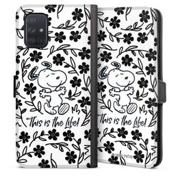 DeinDesign Galaxy A71 Handy Klapph&uuml;lle Handyh&uuml;lle aus Kunst Leder schwarz Flip Case Peanuts Flowers Snoopy Sideflip mit Lasche