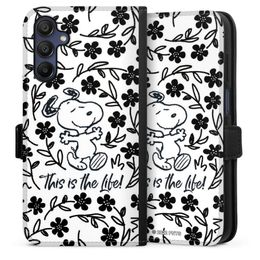 DeinDesign Galaxy A15 5G Handy Klapph&uuml;lle Handyh&uuml;lle aus Kunst Leder schwarz Flip Case Peanuts Flowers Snoopy Sideflip mit Lasche