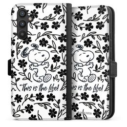 DeinDesign Galaxy A34 5G Handy Klapph&uuml;lle Handyh&uuml;lle aus Kunst Leder schwarz Flip Case Peanuts Flowers Snoopy Sideflip mit Lasche