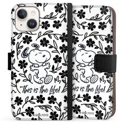 DeinDesign iPhone 14 Handy Klapph&uuml;lle Handyh&uuml;lle aus Kunst Leder schwarz Flip Case Peanuts Flowers Snoopy Sideflip mit Lasche