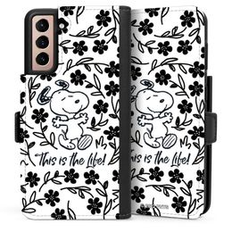DeinDesign Galaxy S21 5G Handy Klapph&uuml;lle Handyh&uuml;lle aus Kunst Leder schwarz Flip Case Peanuts Flowers Snoopy Sideflip mit Lasche