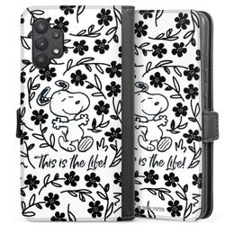 DeinDesign Galaxy A32 4G Handy Klapph&uuml;lle Handyh&uuml;lle aus Kunst Leder schwarz Flip Case Peanuts Flowers Snoopy Sideflip mit Lasche