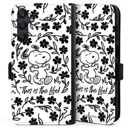 DeinDesign Galaxy A25 5G Handy Klapph&uuml;lle Handyh&uuml;lle aus Kunst Leder schwarz Flip Case Peanuts Flowers Snoopy Sideflip mit Lasche