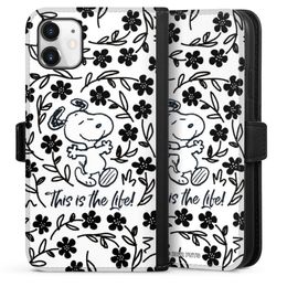 DeinDesign iPhone 11 Handy Klapph&uuml;lle Handyh&uuml;lle aus Kunst Leder schwarz Flip Case Peanuts Flowers Snoopy Sideflip mit Lasche