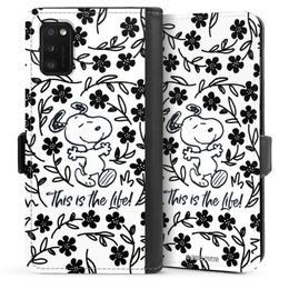 DeinDesign Galaxy A41 Handy Klapph&uuml;lle Handyh&uuml;lle aus Kunst Leder schwarz Flip Case Peanuts Flowers Snoopy Sideflip mit Lasche