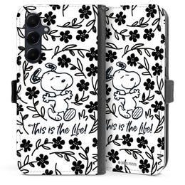 DeinDesign Galaxy A55 5G Handy Klapph&uuml;lle Handyh&uuml;lle aus Kunst Leder schwarz Flip Case Peanuts Flowers Snoopy Sideflip mit Lasche