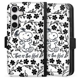 DeinDesign Galaxy S24 Handy Klapph&uuml;lle Handyh&uuml;lle aus Kunst Leder schwarz Flip Case Peanuts Flowers Snoopy Sideflip mit Lasche