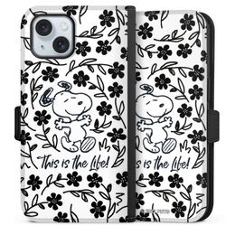 DeinDesign iPhone 15 Handy Klapph&uuml;lle Handyh&uuml;lle aus Kunst Leder schwarz Flip Case Peanuts Flowers Snoopy Sideflip mit Lasche