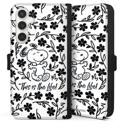 DeinDesign Galaxy S24 FE 5G Handy Klapph&uuml;lle Handyh&uuml;lle aus Kunst Leder schwarz Flip Case Peanuts Flowers Snoopy Sideflip mit Lasche