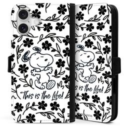 DeinDesign iPhone 16 Plus Handy Klapph&uuml;lle Handyh&uuml;lle aus Kunst Leder schwarz Flip Case Peanuts Flowers Snoopy Sideflip mit Lasche