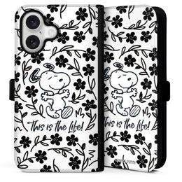 DeinDesign iPhone 16 Handy Klapph&uuml;lle Handyh&uuml;lle aus Kunst Leder schwarz Flip Case Peanuts Flowers Snoopy Sideflip mit Lasche