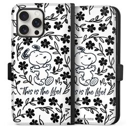 DeinDesign iPhone 15 Pro Max Handy Klapph&uuml;lle Handyh&uuml;lle aus Kunst Leder schwarz Flip Case Peanuts Flowers Snoopy Sideflip mit Lasche