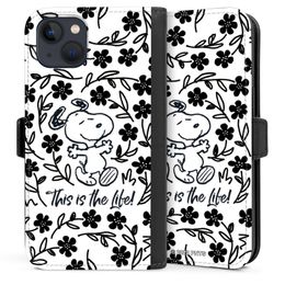 DeinDesign iPhone 13 Handy Klapph&uuml;lle Handyh&uuml;lle aus Kunst Leder schwarz Flip Case Peanuts Flowers Snoopy Sideflip mit Lasche