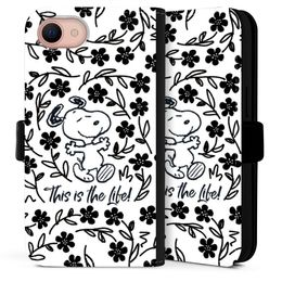 DeinDesign iPhone 16e Handy Klapph&uuml;lle Handyh&uuml;lle aus Kunst Leder schwarz Flip Case Peanuts Flowers Snoopy Sideflip mit Lasche