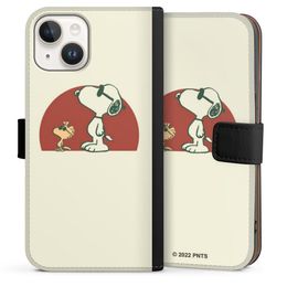 DeinDesign iPhone 14 Handy Klapph&uuml;lle Handyh&uuml;lle aus Kunst Leder schwarz Flip Case Snoopy Official Licensed Product Kindheit Sideflip mit Lasche