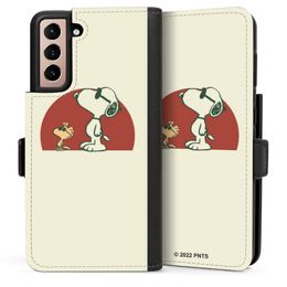 DeinDesign Galaxy S21 5G Handy Klapph&uuml;lle Handyh&uuml;lle aus Kunst Leder schwarz Flip Case Snoopy Official Licensed Product Kindheit Sideflip mit Lasche