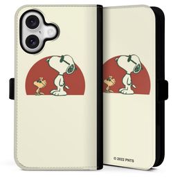 DeinDesign iPhone 16 Handy Klapph&uuml;lle Handyh&uuml;lle aus Kunst Leder schwarz Flip Case Snoopy Official Licensed Product Kindheit Sideflip mit Lasche