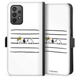 DeinDesign Galaxy A23 5G Handy Klapph&uuml;lle Handyh&uuml;lle aus Kunst Leder schwarz Flip Case Snoopy Dog Peanuts Sideflip mit Lasche