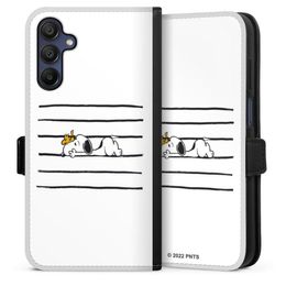 DeinDesign Galaxy A15 5G Handy Klapph&uuml;lle Handyh&uuml;lle aus Kunst Leder schwarz Flip Case Snoopy Dog Peanuts Sideflip mit Lasche
