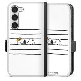 DeinDesign Galaxy S23 Handy Klapph&uuml;lle Handyh&uuml;lle aus Kunst Leder schwarz Flip Case Snoopy Dog Peanuts Sideflip mit Lasche