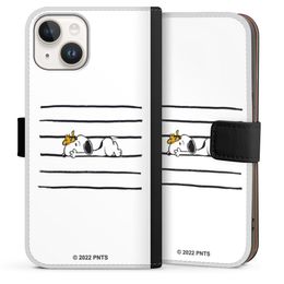 DeinDesign iPhone 14 Handy Klapph&uuml;lle Handyh&uuml;lle aus Kunst Leder schwarz Flip Case Snoopy Dog Peanuts Sideflip mit Lasche