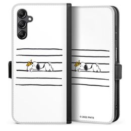 DeinDesign Galaxy A14 5G Handy Klapph&uuml;lle Handyh&uuml;lle aus Kunst Leder schwarz Flip Case Snoopy Dog Peanuts Sideflip mit Lasche