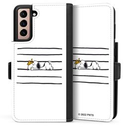DeinDesign Galaxy S21 5G Handy Klapph&uuml;lle Handyh&uuml;lle aus Kunst Leder schwarz Flip Case Snoopy Dog Peanuts Sideflip mit Lasche
