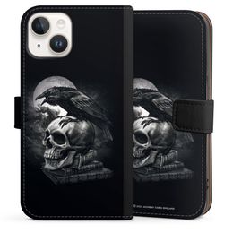 DeinDesign iPhone 14 Handy Klapph&uuml;lle Handyh&uuml;lle aus Kunst Leder schwarz Flip Case Raven Skulls Skull Sideflip mit Lasche