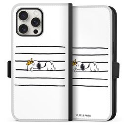 DeinDesign iPhone 15 Pro Max Handy Klapph&uuml;lle Handyh&uuml;lle aus Kunst Leder schwarz Flip Case Snoopy Dog Peanuts Sideflip mit Lasche