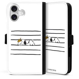 DeinDesign iPhone 16 Plus Handy Klapph&uuml;lle Handyh&uuml;lle aus Kunst Leder schwarz Flip Case Snoopy Dog Peanuts Sideflip mit Lasche