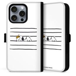 DeinDesign iPhone 16 Pro Max Handy Klapph&uuml;lle Handyh&uuml;lle aus Kunst Leder schwarz Flip Case Snoopy Dog Peanuts Sideflip mit Lasche