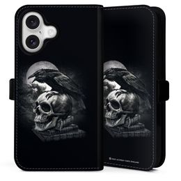 DeinDesign iPhone 16 Handy Klapph&uuml;lle Handyh&uuml;lle aus Kunst Leder schwarz Flip Case Raven Skulls Skull Sideflip mit Lasche