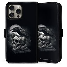 DeinDesign iPhone 16 Pro Handy Klapph&uuml;lle Handyh&uuml;lle aus Kunst Leder schwarz Flip Case Raven Skulls Skull Sideflip mit Lasche