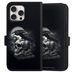 DeinDesign iPhone 15 Pro Max Handy Klapph&uuml;lle Handyh&uuml;lle aus Kunst Leder schwarz Flip Case Raven Skulls Skull Sideflip mit Lasche